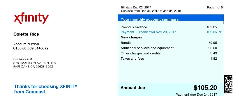 قبض Xfinity آمریکا PDF با طراحی رسمی برای وریفای کیف پول و صرافی